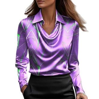 Generic Chemise en satin pour femme avec col &agrave; revers et col b&eacute;nitier en soie &agrave; manches longues - Haut graphique en satin - Chemises de travail d&eacute;contract&eacute;es 