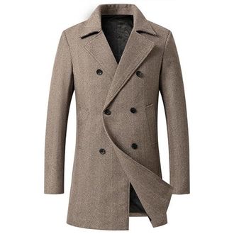 Generic Manteau Homme Hiver Long,Manteau Homme Anorak - Manteau mi-long en laine pour automne et hiver avec double boutonnage en laine &agrave; carreaux (Khaki, XXL)