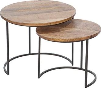 Gilde 2er Set Beistelltisch Camara aus Mangoholz - rund - naturfarben/schwarz - pulverbeschichtet - H&ouml;he 45cm x Breite 55cm