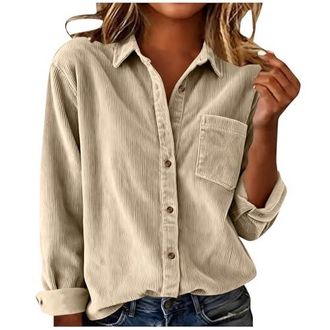 Generic Chemisier surdimensionn&eacute; en velours c&ocirc;tel&eacute; &agrave; manches longues et col boutonn&eacute; avec poche pour femme, beige, XXL