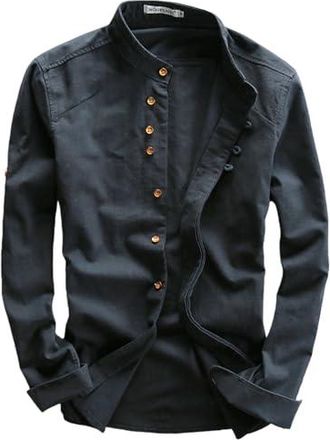 Generic Chemise &agrave; col mandarin en lin m&eacute;lang&eacute; pour homme, chemise d&eacute;contract&eacute;e &agrave; manches longues boutonn&eacute;e pour le printemps et l&eacute;t&eacute;, bleu marine, 7XL