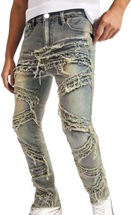 Generic Jean Homme Jeans Homme Jean Homme Regular Confortable Classique D&eacute;chir&eacute; Empil&eacute; Regular Fit - Streetwear Tendance avec Effet Stacked &Agrave; La Cheville pour