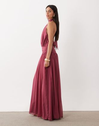 Asos Maxikleid mit Chiffon-Schal-Detail und Neckholder in Himbeere-Rosa