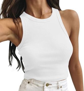 Generic D&eacute;bardeur d&eacute;t&eacute; c&ocirc;tel&eacute; sans manches basique &agrave; col rond pour femme - Caraco ajust&eacute; &agrave; dos nageur, Blanc 1, M