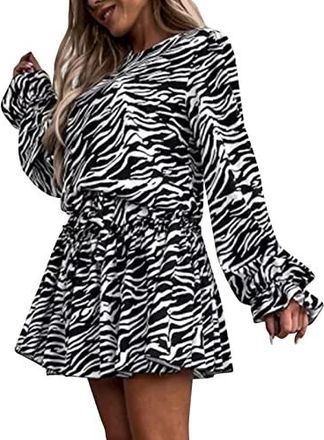 Generic Robe d&eacute;t&eacute; 2026 boh&egrave;me &agrave; volants et col rond &agrave; manches longues et smocks pour femmes, mini robe patineuse &agrave; motif floral, Noir, L