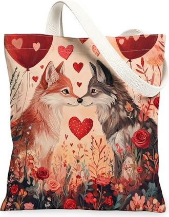Generic Sac fourre-tout en toile de Saint-Valentin avec motif loup pour faire du shopping, 33 x 38,1 cm, sac d&eacute;picerie r&eacute;utilisable pour femme, amoureux des a