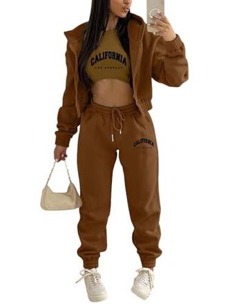 Onsoyours Surv&ecirc;tement Femme 3 Pi&egrave;ce Ensembles Sportswear Sweatshirt &agrave; Capuche &agrave; Zipp&eacute;+ Crop Top + Pantalon Sports pour Casual Sports Jogging Fitness Z3 Marron M