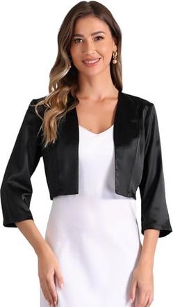 Allegra K Bol&eacute;ro en Satin Femme &Eacute;l&eacute;gante pour Mariage &agrave; Manches 3/4 Devant Ouvert Veste Courte Chic Bol&eacute;ro de C&eacute;r&eacute;monie Noir XL