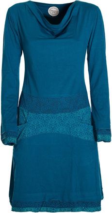 vishes Alternative Bekleidung - Langarm Damen Kleid mit Wasserfallkragen Bund Bedruckt Taschen t&uuml;rkis 40