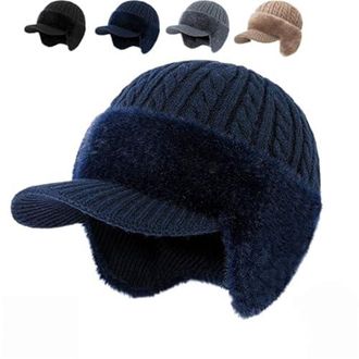 Generic Bonnet de baseball tricot&eacute; en sherpa chaud pour homme avec rabats tendance, doublure en fourrure et couverture compl&egrave;te des oreilles, Bleu - b, Taille