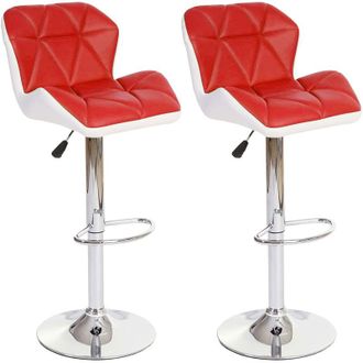 Hhg 2x tabouret de bar Hamilton, chaise de comptoir, bois, similicuir, rotatif, rouge