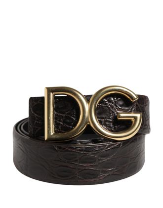 Dolce & Gabbana Men Black Exotic Leather Logo Buckle Belt Caiman