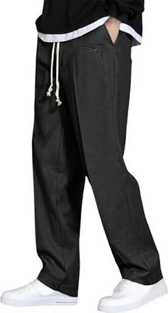 Generic Pantalon droit pour homme - Coupe droite - Pour le travail, les sorties d&eacute;contract&eacute;es - Taille &eacute;lastique - Confortable, Noir, XXL