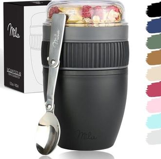 Milu Pot de céréales à emporter 400ml I Pot de yaourt en plastique pour les céréales I anti-fuite avec cuillère pour le yaourt/porridge (Noir)