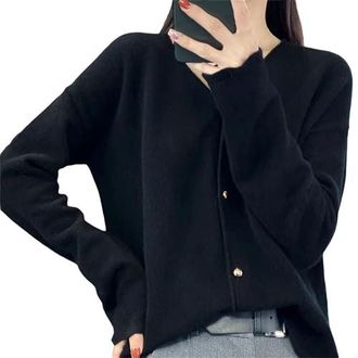 Generic Cardigan de printemps pour femme 100 % laine col en V motif tricot&eacute; &agrave; manches longues avec boutons, noir, Taille XL