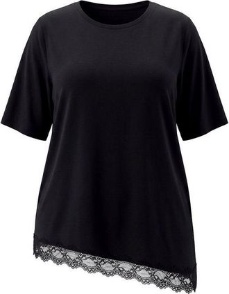 Ulla Popken T-Shirt T-Shirt asymetrischer Saum mit Spitze Rundhals