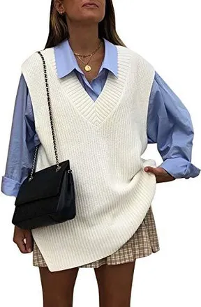 Minetom Pull sans Manche Col V Femme Gilet en Tricot Automne Hiver Débardeurs Chandail Oversize Bureau Pull-Over Tops Hauts C Blanc 40