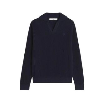 Maison Kitsun&eacute; Homme, Pulls, Bleu, Taille: L Fox Head Cotton Ribbed Polo Ju - Couleur: Bleu MARINE,Taille: M