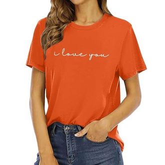 Generic T-shirt d&eacute;contract&eacute; &agrave; manches courtes pour femme Motif Saint-Valentin 2026, Orange, XXL