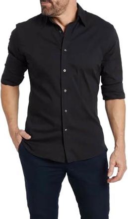 Generic Chemise habillée pour homme sans repassage extensible infroissable coupe ajustée couleur unie à manches longues col à bandes boutonnées pour fête de m