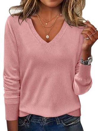 Minetom Pull Femme Pullover À Manches Longues en Tricot Sweat Col V Top Léger Couleur Unie Chandail Printemps Automne A Rose XXL