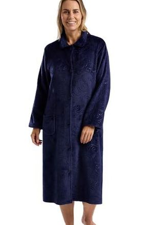 Marlon Sabrina Peignoir en polaire gaufr&eacute;e &agrave; boutons pour femme - Manteau dint&eacute;rieur doux et confortable avec poches, Tourbillon bleu marine, XL
