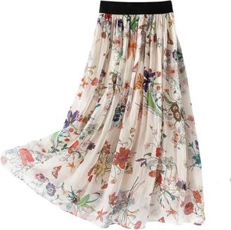 Dissa Jupe en Soie Femme Fluide Taille élastiquée 100% Soie Jupe plissée Midi Fleurie Beige,EU 40,S2010-1