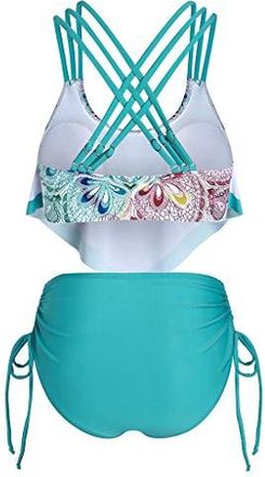 Generic 2026 - Robe boh&egrave;me pour femme - Maillot de bain rembourr&eacute; &agrave; volants crois&eacute;s - Imprim&eacute; push-up - Tankinis, Vert, XXL