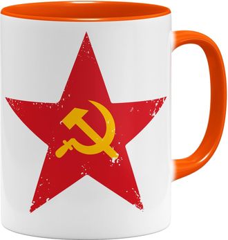 OM3 Soviet-Star Kaffee-Tasse mit Hammer und Sichel Symbol - Roter Stern - Retro Design - Keramik Becher - 325ml - Beidseitig Bedruckt - Orange