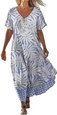 Generic Robe midi en coton et lin pour femme, robe trapèze à col en V profond, robe dété à manches courtes, robe dété à motif floral, robe dété légère, R1., 4