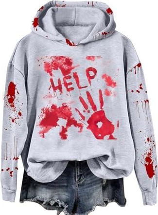 Generic Sweat à capuche pour femme - Sweatshirt Halloween Blood - Sweat à capuche - Pull à capuche - Loisirs - Manches longues - Streetwear, Gris C., S