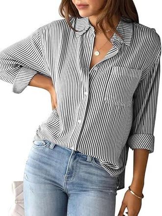 SHEKINI Chemisier élégant à manches longues avec boutons - Décontracté - Bureau - Chemisier de travail rayé - Chemisier à rayures, Noir, XL