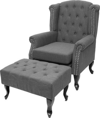 Hhg Neuwertig] Sessel Chesterfield Oxford, Relaxsessel Clubsessel Ohrensessel, wasserabweisend Stoff/Textil dunkelgrau mit Ottomane