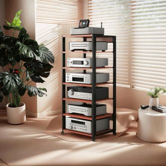 Generic Verstellbares 7-stufiges Audio-Rack Mit Feststellbaren Rollen - Aufbewahrung Aus Stahl Und E1-Holz for Heimkino, Gaming Und B&uuml;ro (Teakfarbe)
