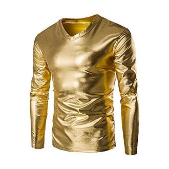 Generic Chemises brillantes pour homme - Col en V - Coupe ajustée - Manches longues - Revers étincelant - Pour soirée - Doré - T-shirt décontracté uni - Chemi