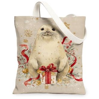 Generic Sacs fourre-tout en toile motif animal de Noël, sacs dépicerie réutilisables, légers et lavables, Beige, 13x15 Inch