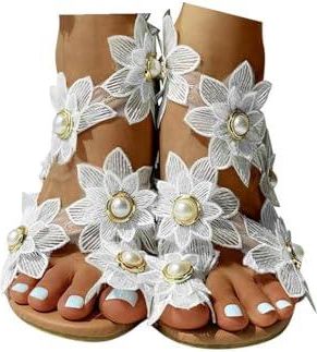 Generic Sandales plates avec strass pour femme, style boh&egrave;me 2026, avec fleur et perles, sangle de cheville, anneau dorteil, tendance, d&eacute;contract&eacute;, confortabl