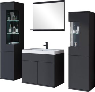 Mirjan24 Badmöbel Set Neskir mit Waschbecken und Siphon, Komplettprogramme für Badezimmer, Spiegel, Waschtisch, Hochschrank, Hängeschrank (Schwarzer Graphit, m