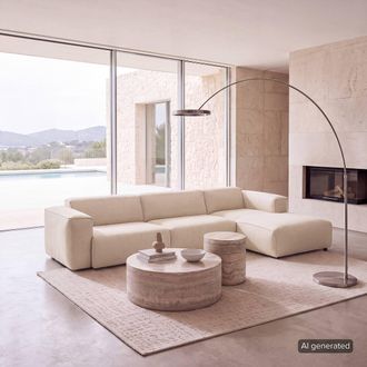 Studio Copenhagen home24 Ecksofa 3-Sitzer mit Longchair Beige Webstoff Saia 317cm Longchair davorstehend rechts Modern