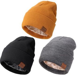 Dreshow Bonnet dhiver Doubl&eacute; de Satin pour Femme Homme Doux et Chaud Bonnet Hiver avec Doublure Soyeuse Tricot&eacute; Chapeau avec Satin Doubl&eacute; Beanie Unisexe