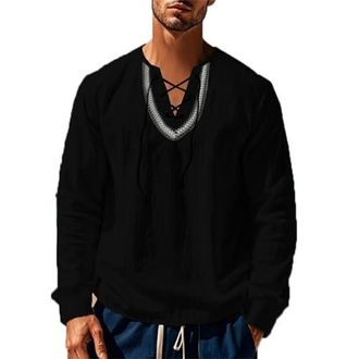 Generic Chemise d&eacute;t&eacute; en coton et lin pour homme - Chemise d&eacute;contract&eacute;e en coton et lin - Col rond - Manches longues - Tunique classique, Noir, XXL