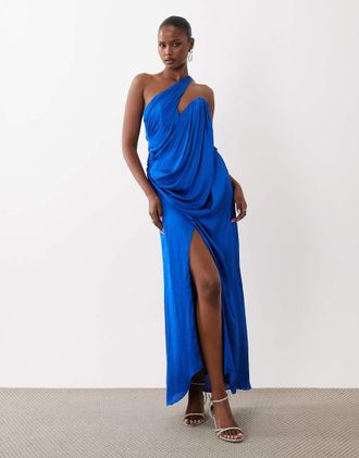 Asos Robe longue drap&eacute;e asym&eacute;trique en satin - Bleu de cobalt