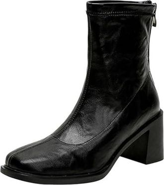 Generic Bottines habillées pour femme, bottines rétro à bout carré et gros talons en cuir, bottines courtes à talon bloc avec fermeture éclair dans le dos pou