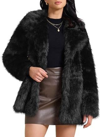 Allegra K Manteau en Fausse Fourrure Femme Veste Duveteuse à Manches Longues à Col Revers, Vêtements DExtérieur DHiver Noir M
