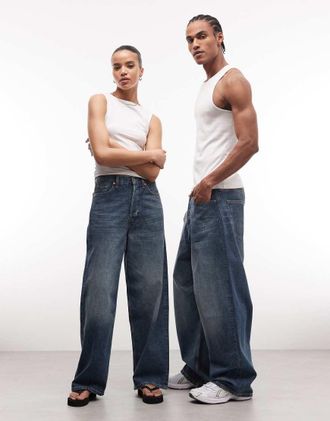 Weekday Astro - Jean coupe baggy unisexe &agrave; taille basse - Bleu d&eacute;lav&eacute;