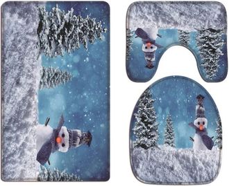 A.Monamour Badezimmer Badematte 3 Teilig Set Weihnachts Schneemann Kiefer Winter Schnee Schnee Kunstdruck Weich Toilettenüberzug Flanell Saugfähig Badteppiche Ba