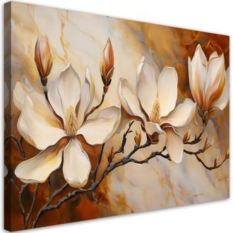 Feeby Leinwand Bilder - Bild Wohnzimmer - Magnolien Glamour Zweig Marmoriert - 120x80 1tlg - Deko Schlafzimmer Gro&szlig; - Dekoration Canvas - Gem&auml;lde - Modern W