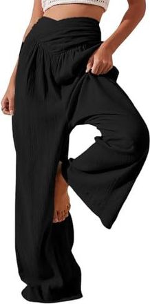 Generic Pantalon en coton et lin pour femme - Jambe large - Pantalon de plage d&eacute;t&eacute; confortable - Pantalon de yoga Palazzo - XIYU26004, Noir, XXL