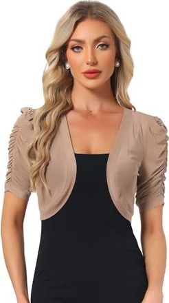 Allegra K Bol&eacute;ro Femme en Maille &agrave; Manches Courtes Fronc&eacute;es Gilet Court L&eacute;ger Demi-Transparent Cardigan pour Robe de Cocktail Kaki S