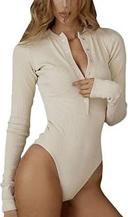 Minetom Printemps Boutons Bodys Femme Combinaison Bodysuit Manches Longues Jumpsuit Playsuit Top Casual Chic Sexy Dos Nu Shirts D Abricot 38